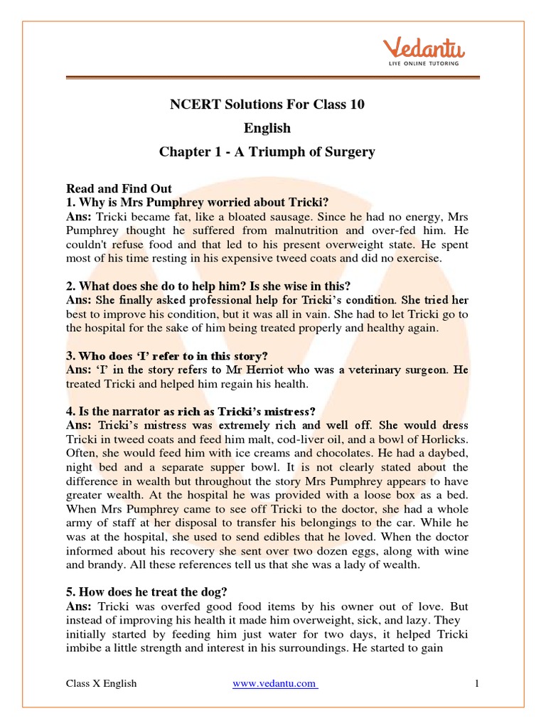 NCERT Solutions For Class 10 English Chapter 1 - A Triumph of Surgery ...