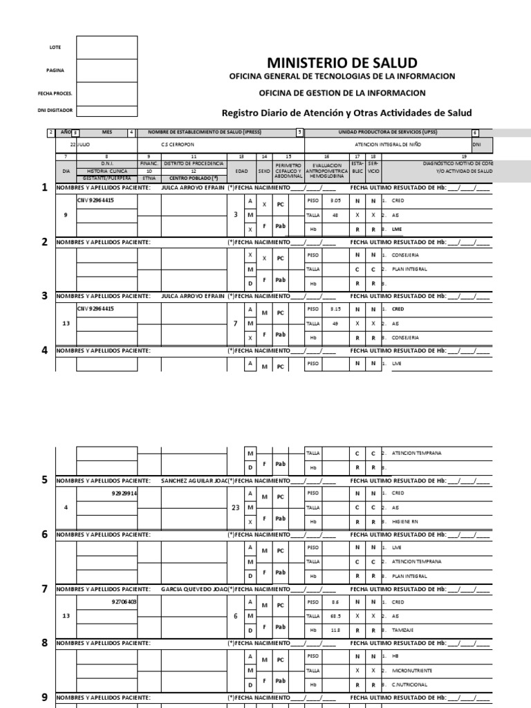 Ministerio de Salud: Registro Diario de Atención y Otras Actividades de ...