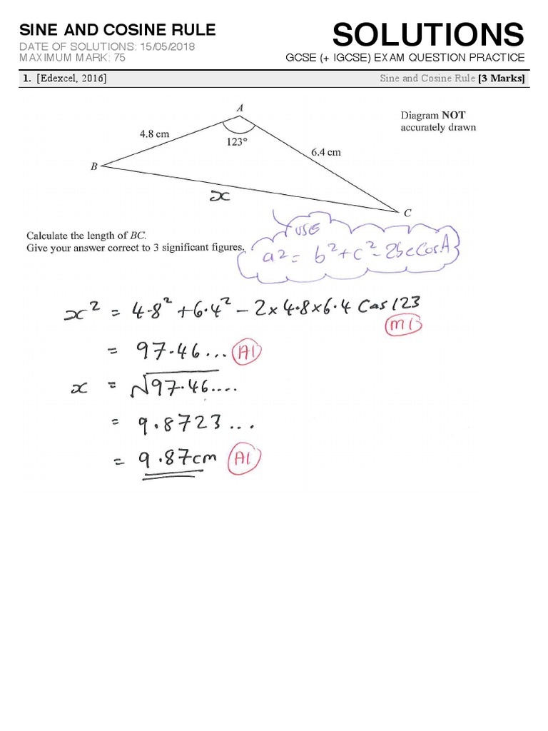 Sine and Cosine Rule: 1. (Edexcel, 2016) (3 Marks) | PDF | Accuracy And ...