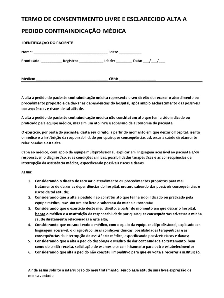 Termo de Consentimento Livre e Esclarecido Alta A Pedido ...
