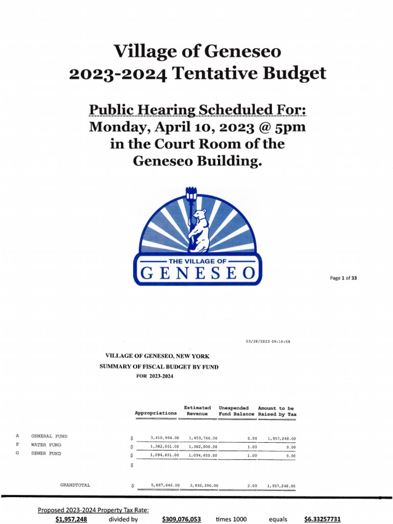 2023-2024 Tentative Budget Geneseo | PDF