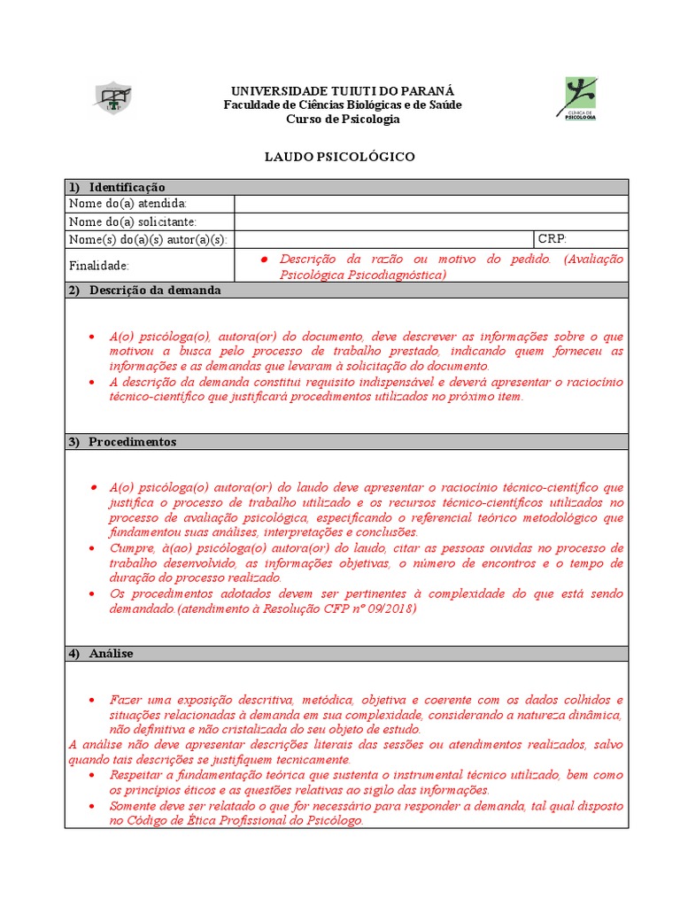 Modelo de Laudo Psicológico CFP | PDF | Psicologia | Avaliação psicológica