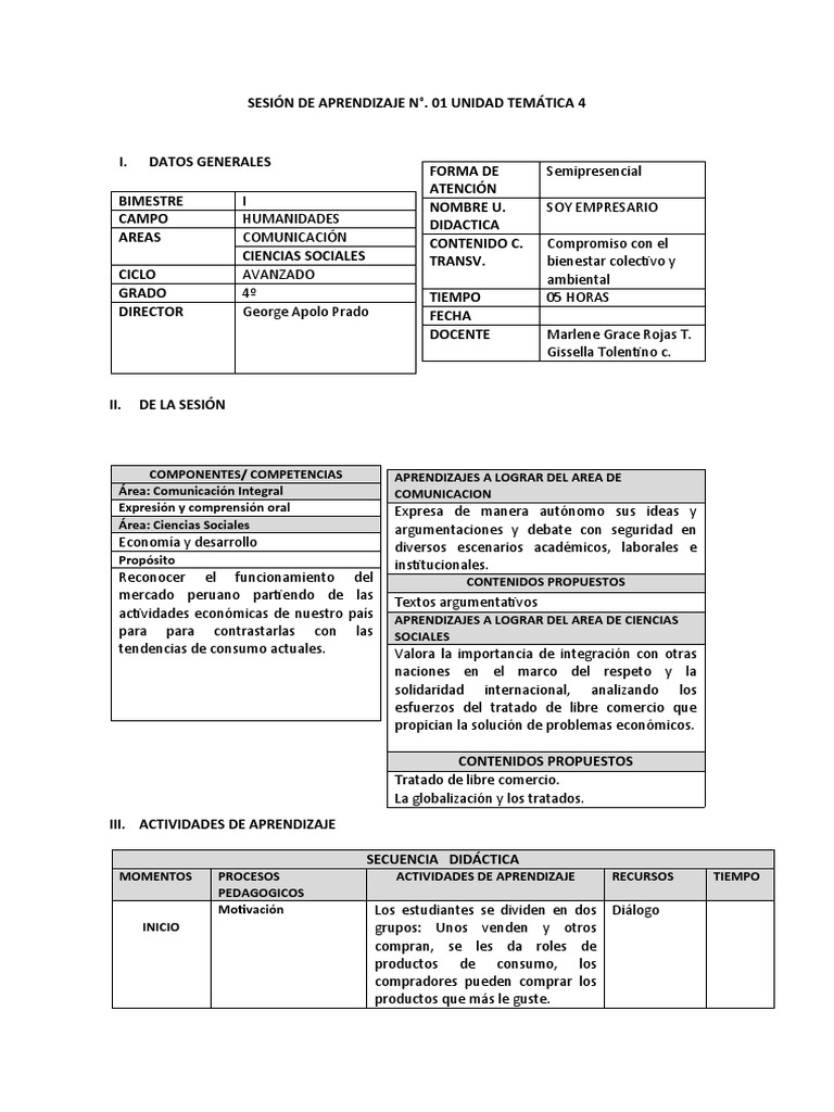 SESIÓN DE APRENDIZAJE 4no.01.docx Semipresencial | PDF | Comunicación ...
