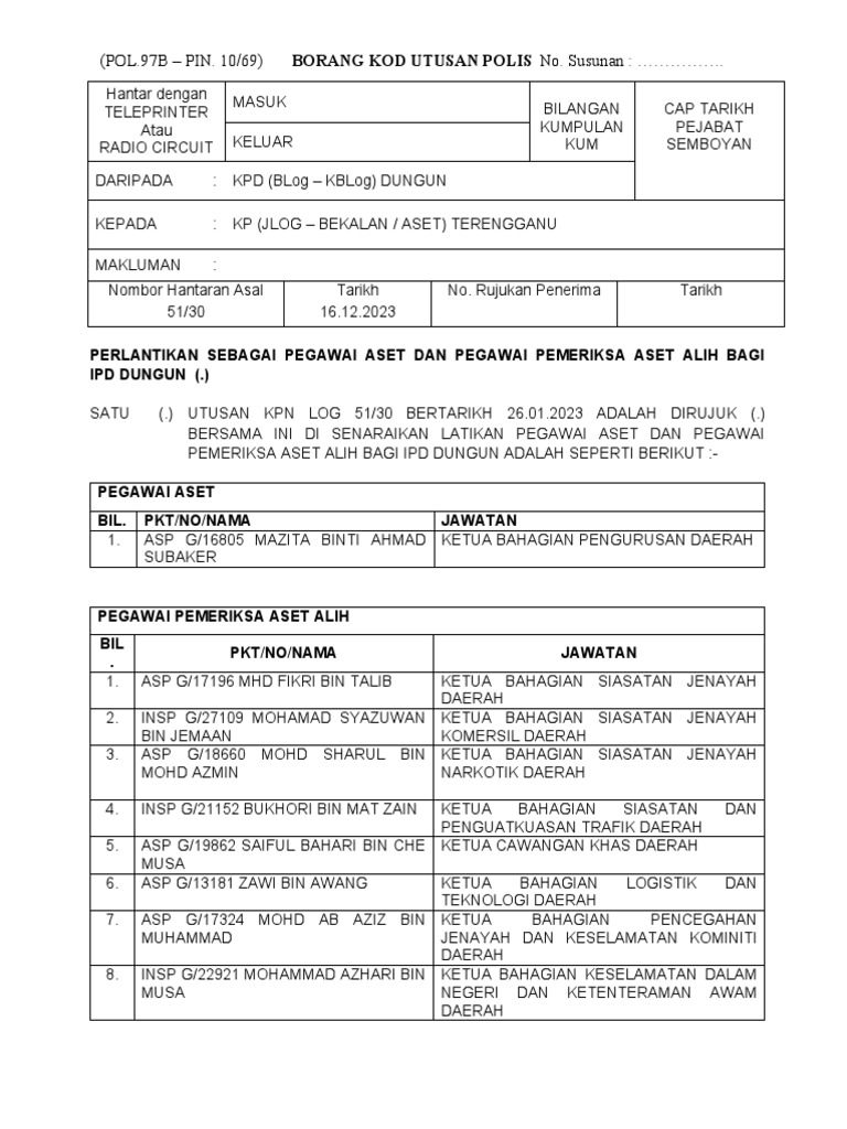 (POL.97B - PIN. 10/69) : BORANG KOD UTUSAN POLIS No. Susunan | PDF