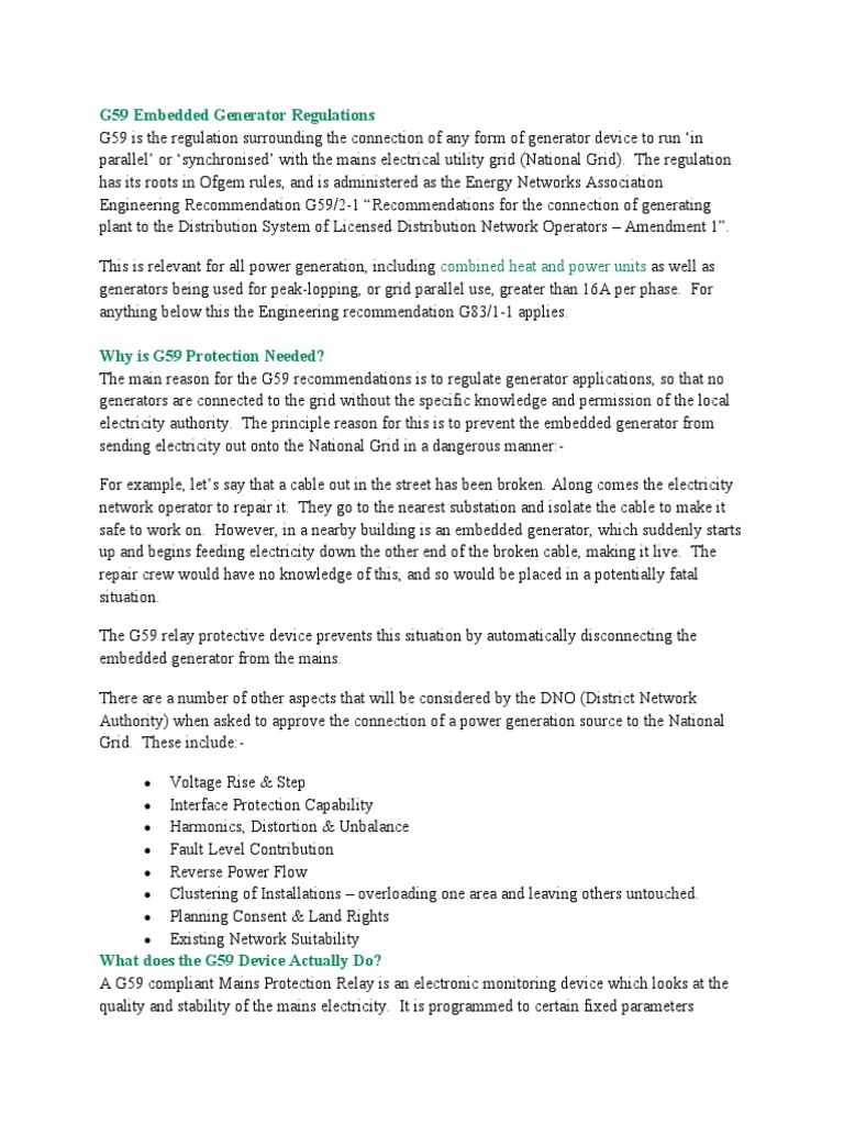 G59 Embedded Generator Regulations: Combined Heat and Power Units | PDF | Electrical Grid ...