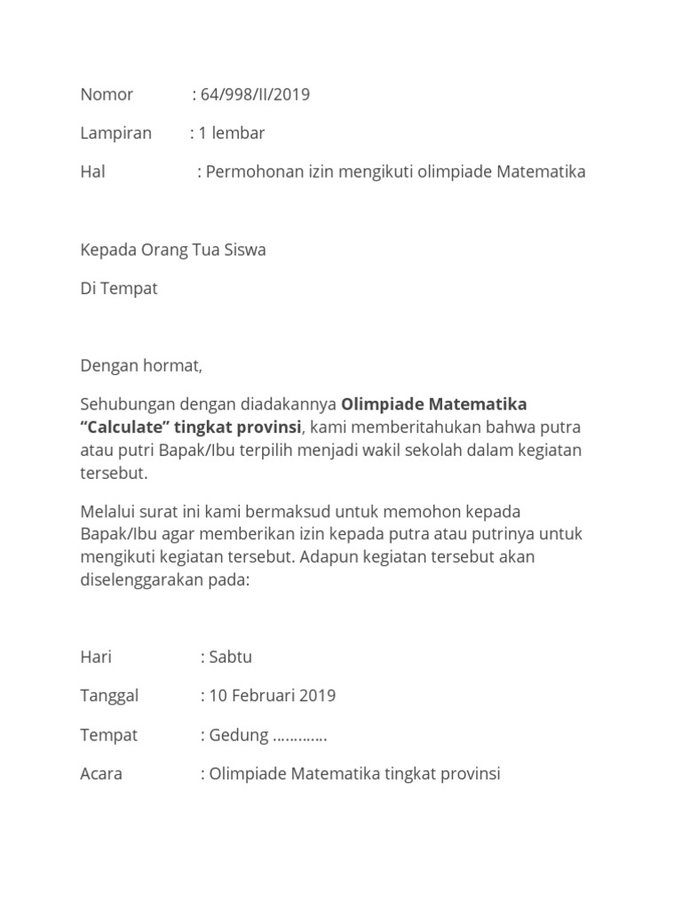 Surat Izin Siswa Mengikuti Kegiatan | PDF
