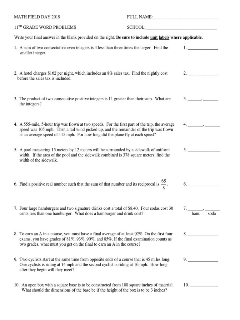 Word Problems 11th Grade | PDF