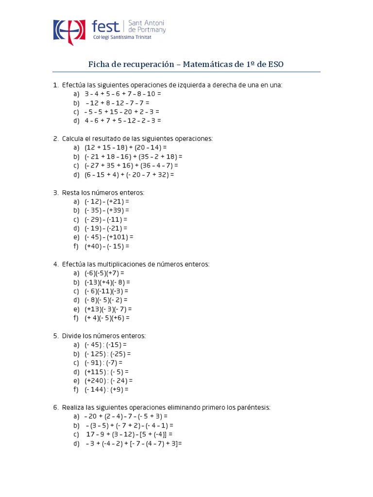 Ficha de Repaso para Recuperación 1º ESO 22-23 | PDF | Teoría de los números | Matemáticas