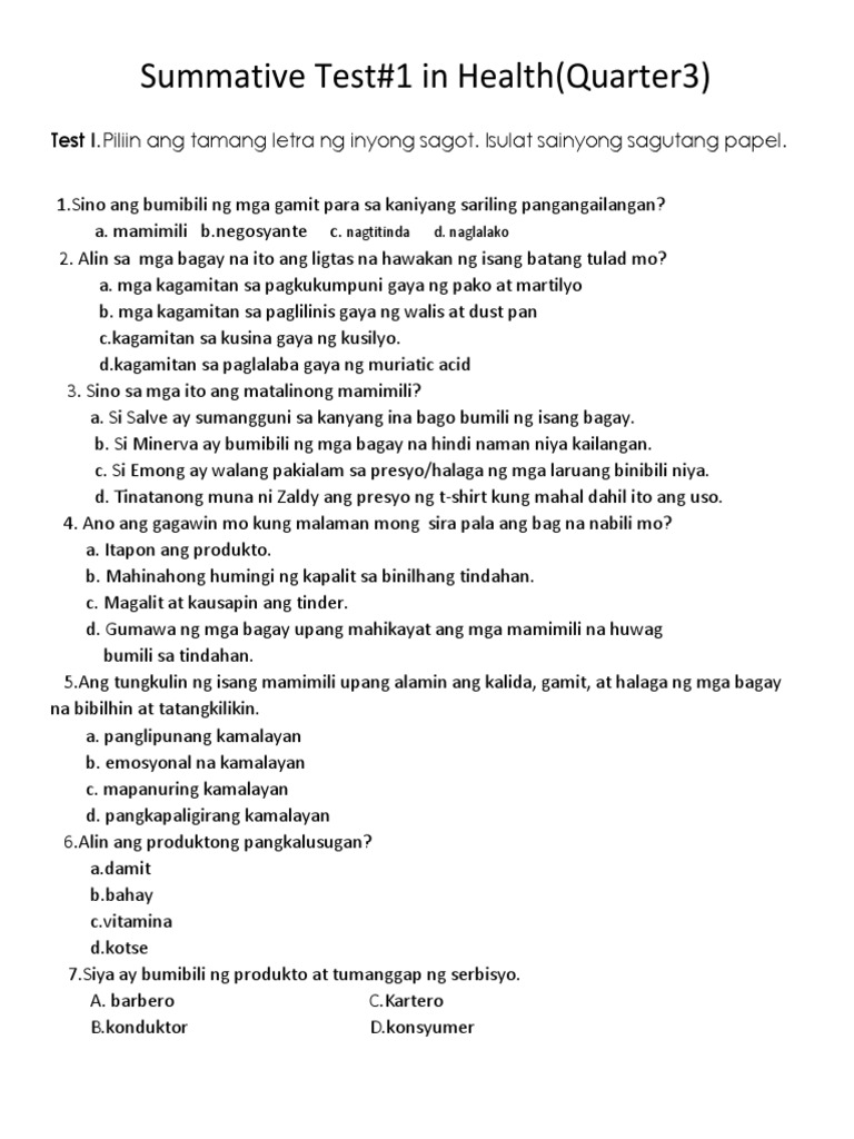 Health Summative Test 1Q3 | PDF