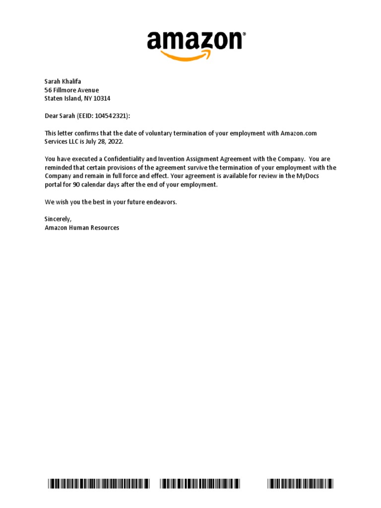 Amazon Voluntary Termination Letter | PDF | Business | Finance & Money ...