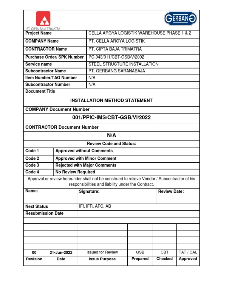 001/PPIC-IMS/CBT-GSB/VI/2022: Installation Method Statement COMPANY ...