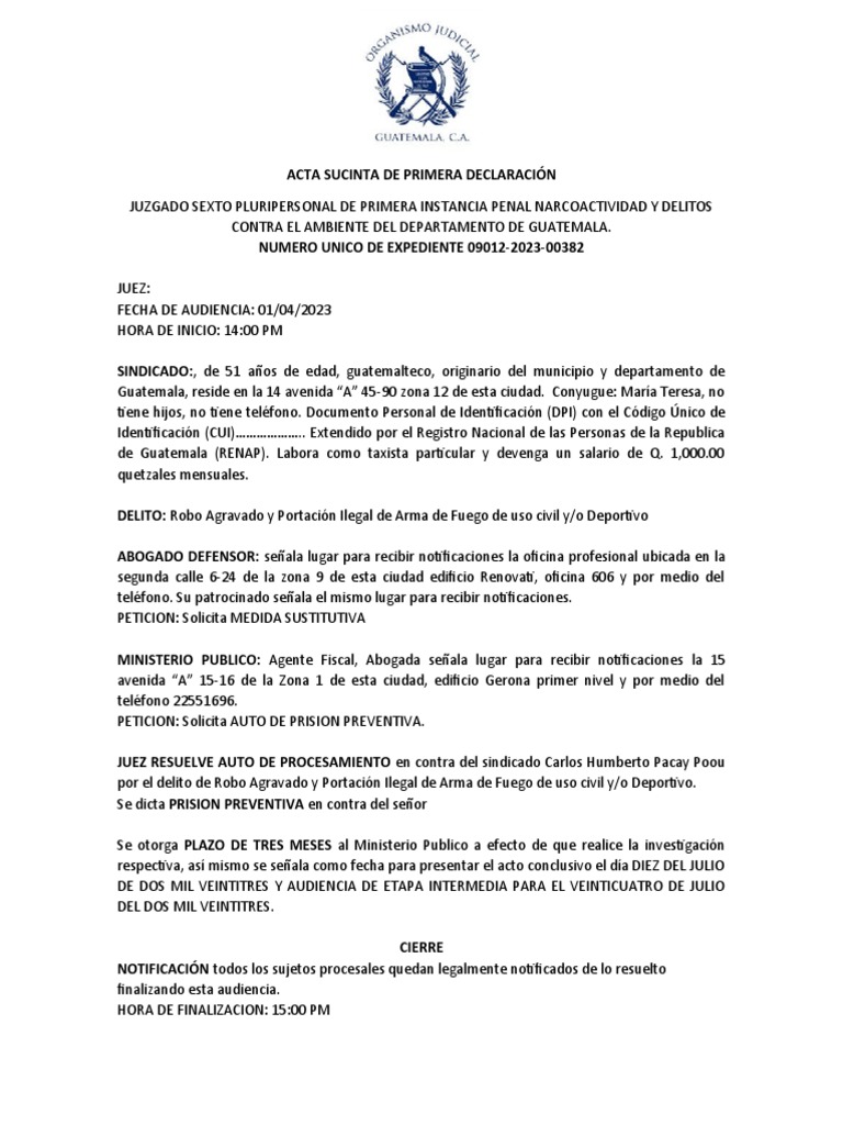Acta Sucinta de Primera Declaración | PDF | Derecho