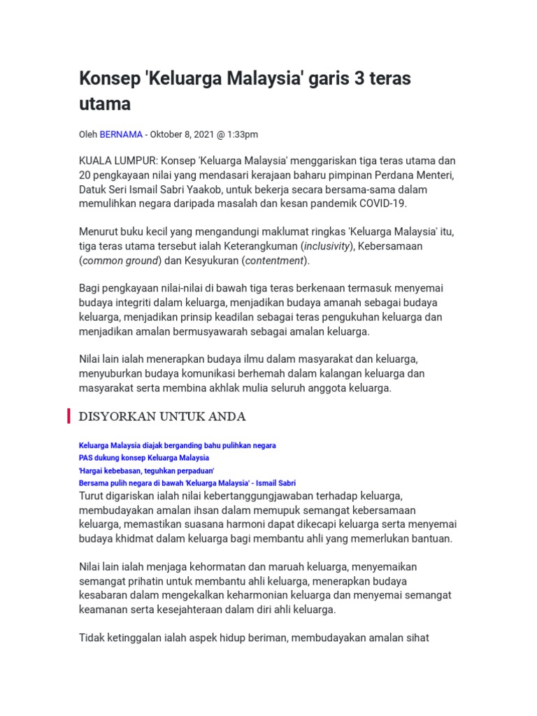 Konsep 'Keluarga Malaysia' Garis 3 Teras Utama: Disyorkan Untuk Anda | PDF