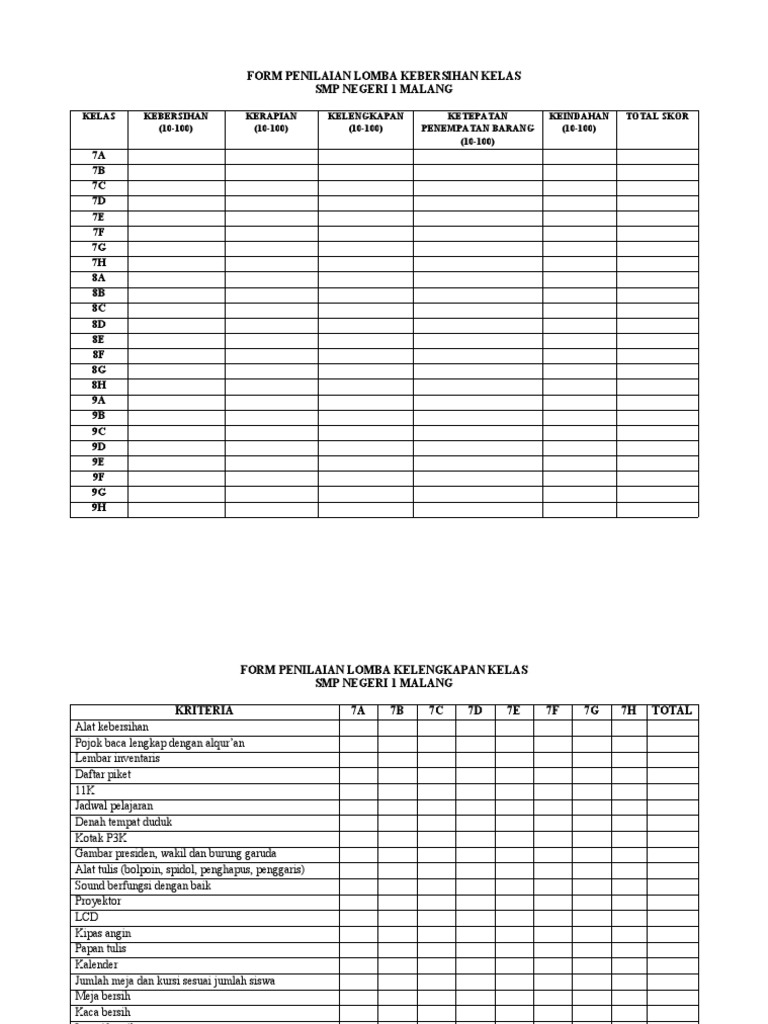 Form Penilaian Lomba Kebersihan Dan Kelengkapan Kelas | PDF