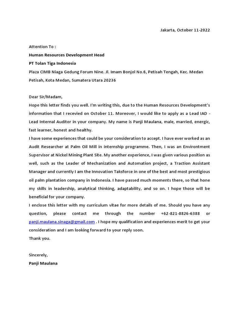 Human Resources Development Head PT Tolan Tiga Indonesia | PDF