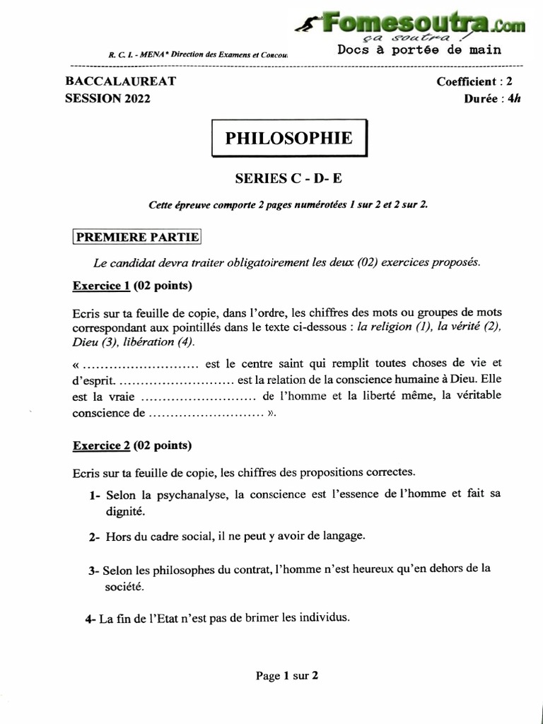 BAC 2022 Philosophie Séries CDE | PDF