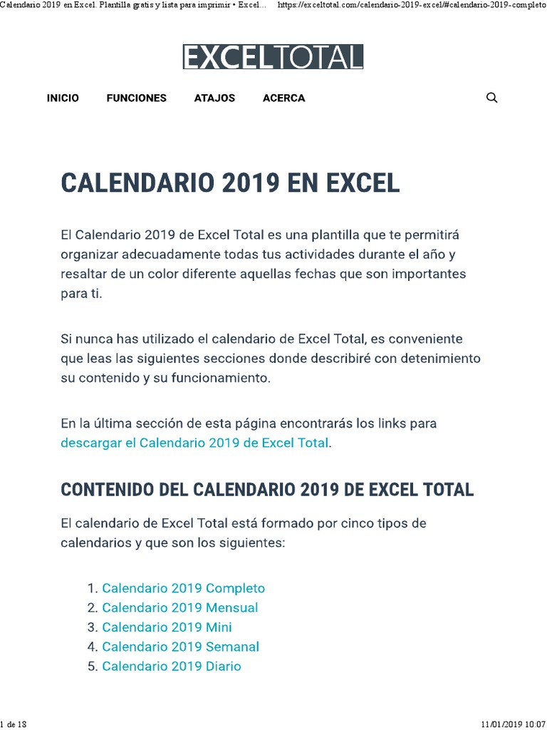 Calendario 2019 en Excel. Plantilla Gratis y Lista para Imprimir ...