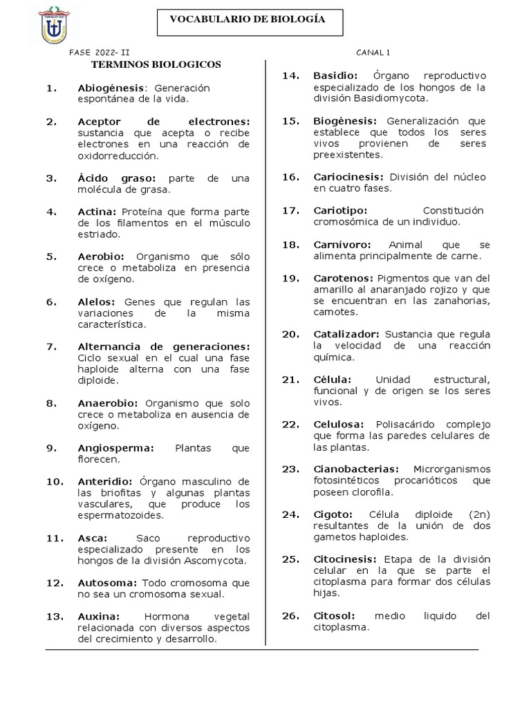 VOCABULARIO DE BIOLOGÍA 2022 (Sem 1) | PDF | Plantas | Biología Celular)