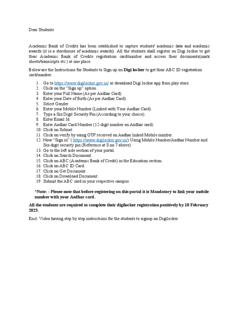 Student Guide: DigiLocker ABC Setup | PDF