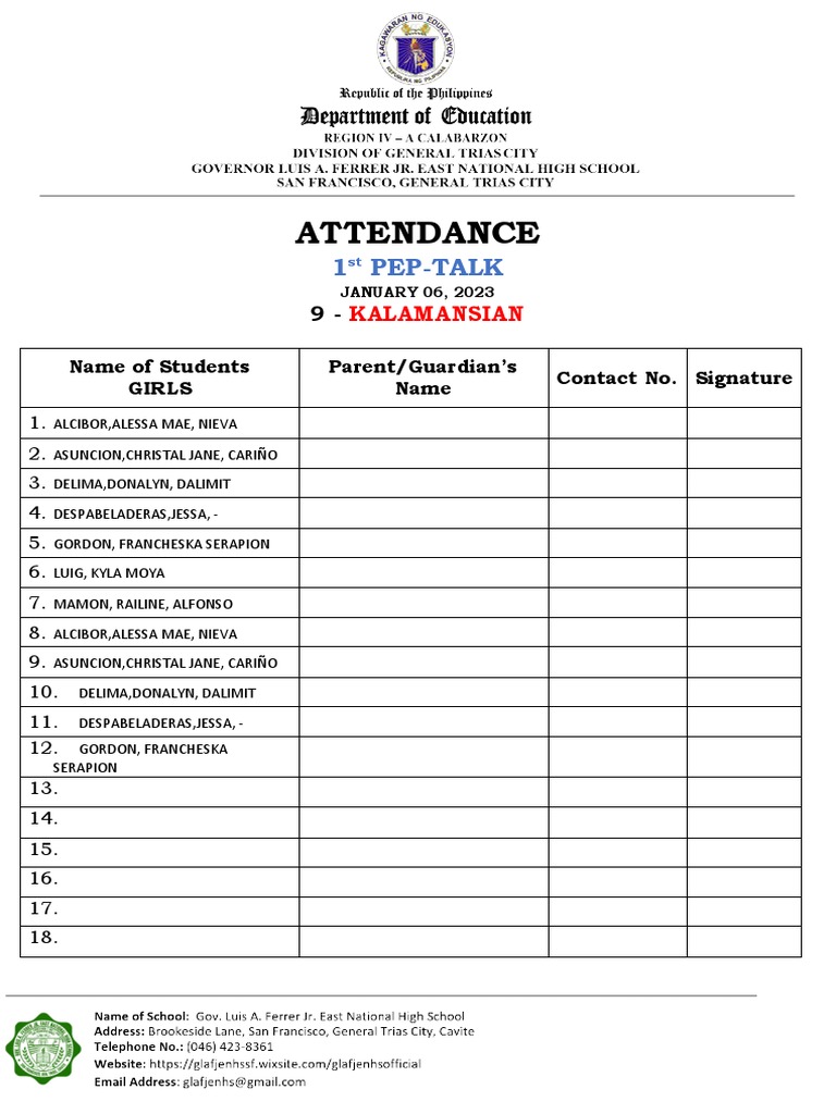 Attendance Peptalk Girls | PDF