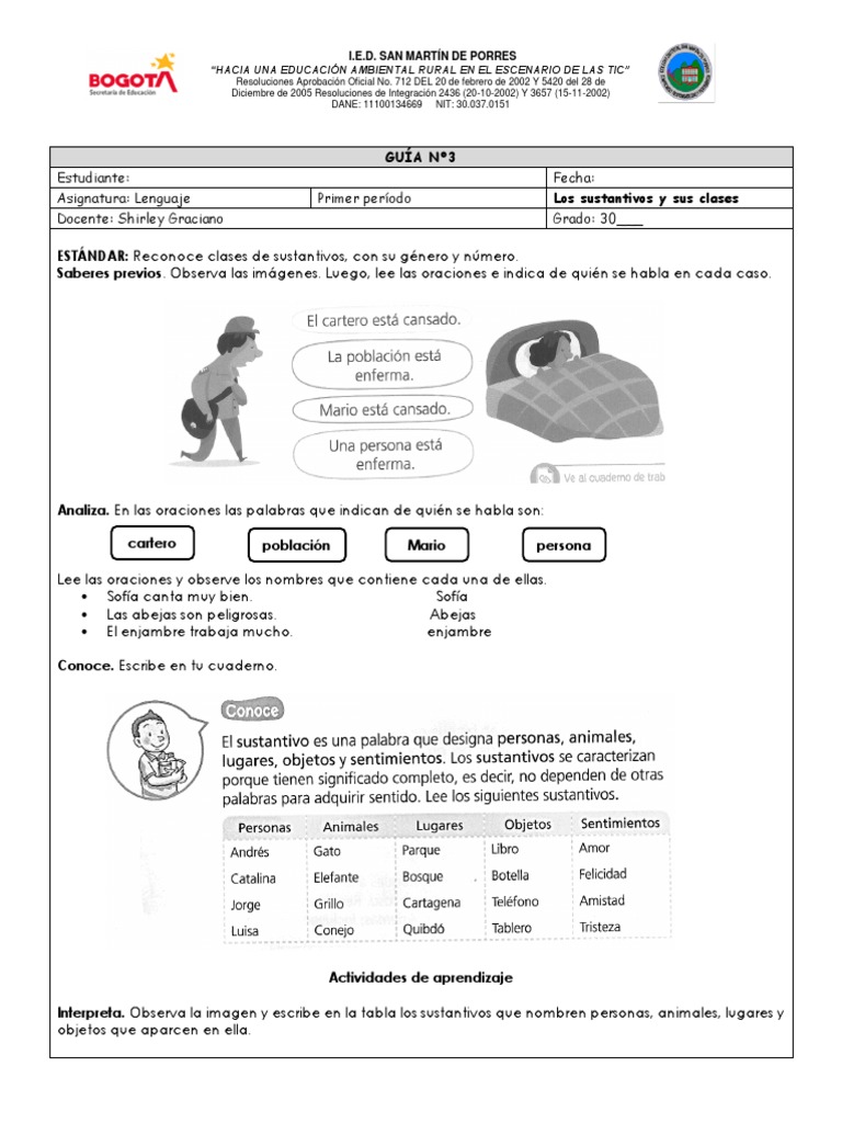 Guía de Aprendizaje: Clases de Sustantivos | PDF | Sustantivo | Lingüística
