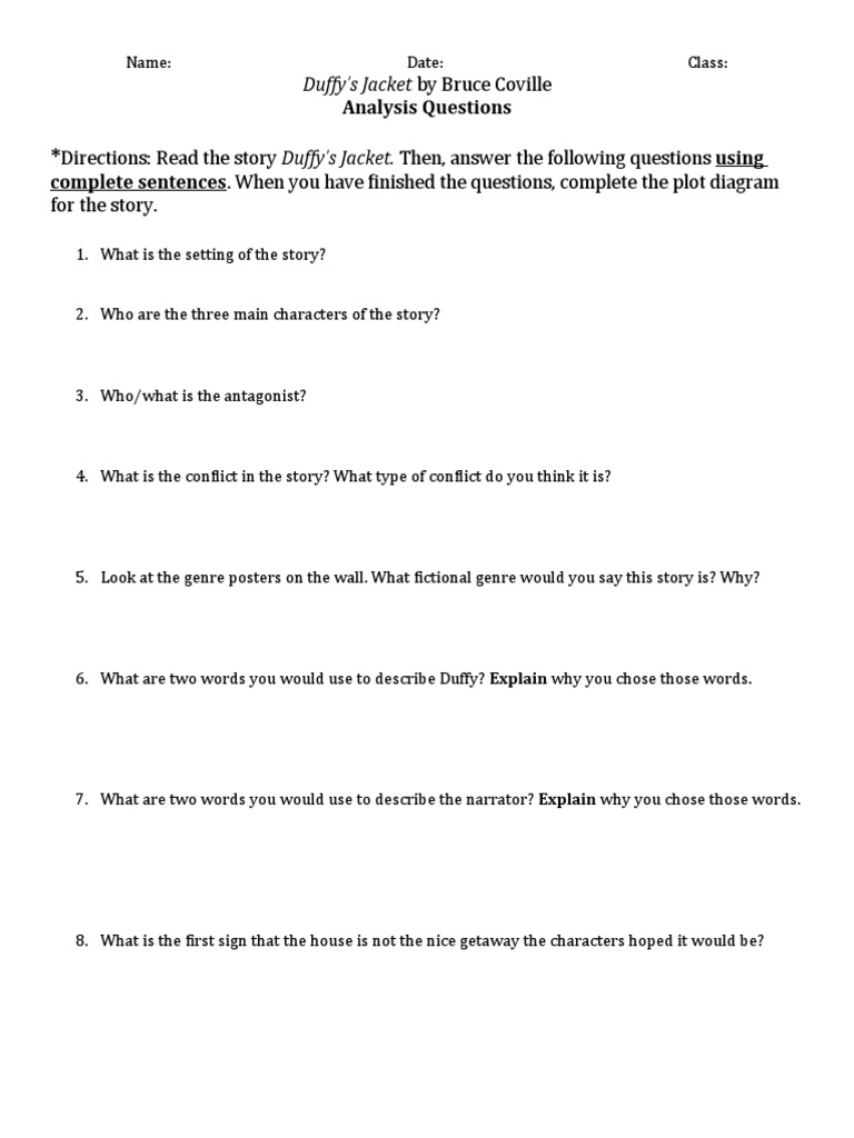 Directions: Read The Story Duffy's Jacket. Then, Answer The Following ...