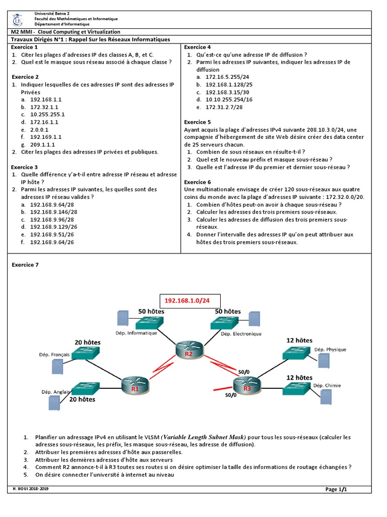 Travaux Dirigés N°1: Rappel Sur Les Réseaux Informatiques Exercice 1 Exercice 4 | Download Free ...