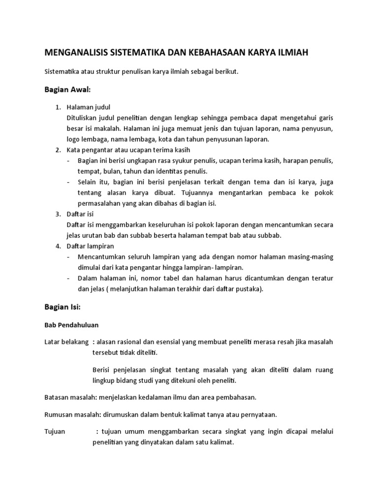 Menganalisis Sistematika Dan Kebahasaan Karya Ilmiah: Bagian Awal | PDF