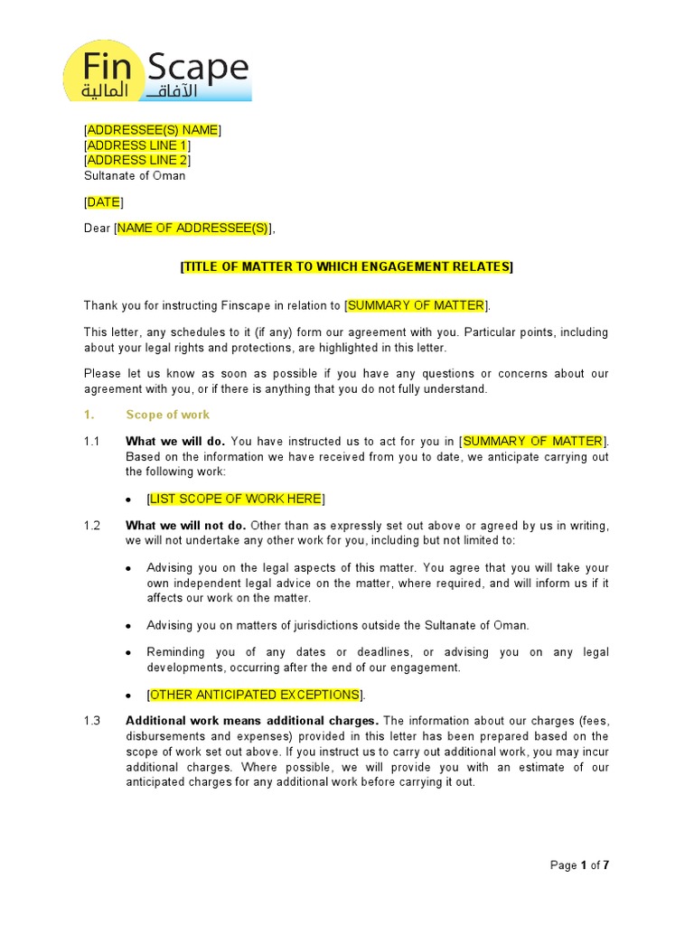 Law Firm Standard Engagement Letter - Rashad | PDF | Legal Liability | Tort