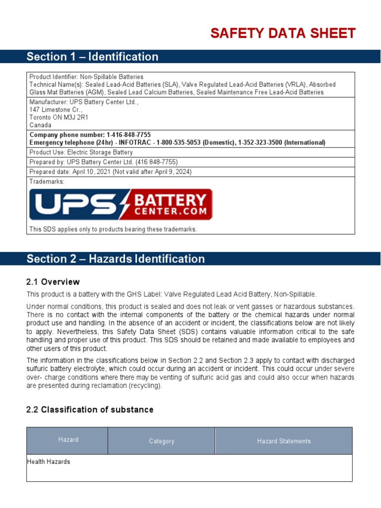 UPSBatteryCenter Battery Safety Data Sheet | PDF | Toxicity | Hazardous ...