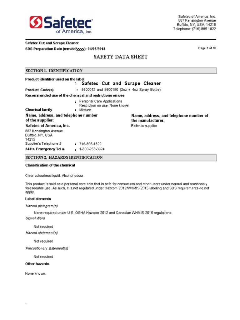 v2 Safetec Cut and Scrape Cleaner | PDF | Dangerous Goods | Firefighting