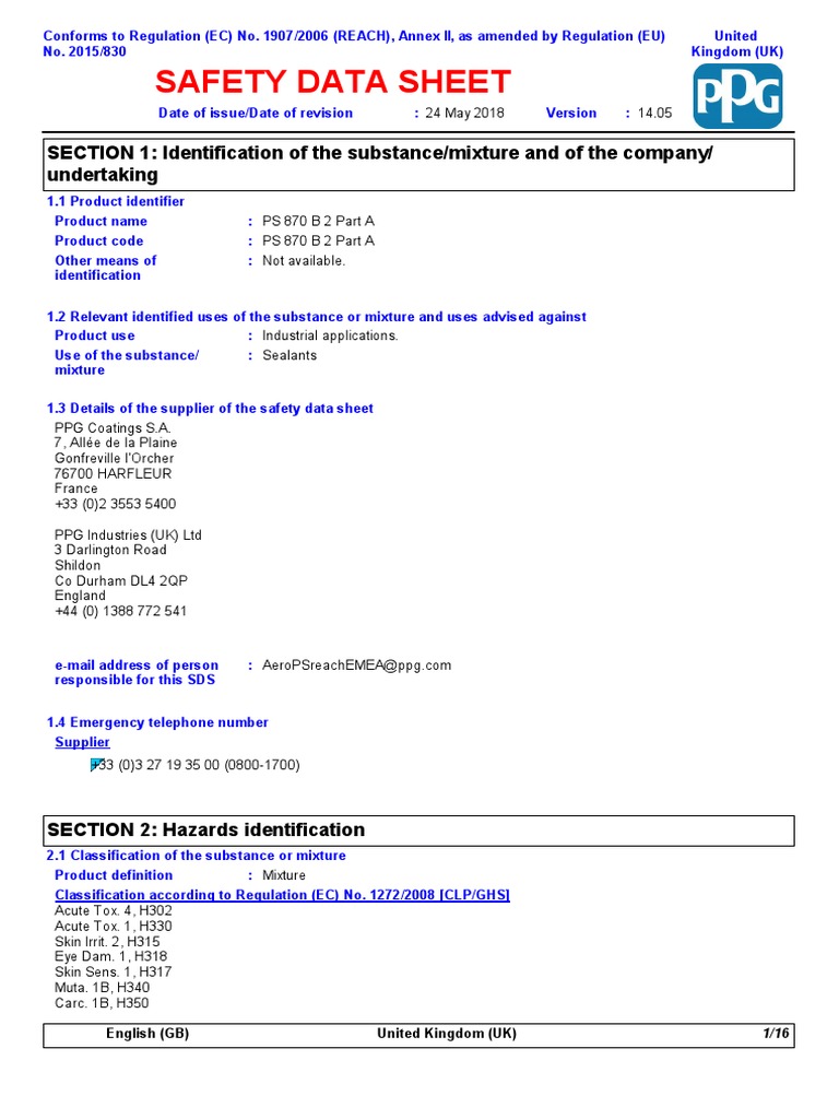 PS 870 B-2 - Part A - SDS | PDF | Toxicity | Chemical Reactions