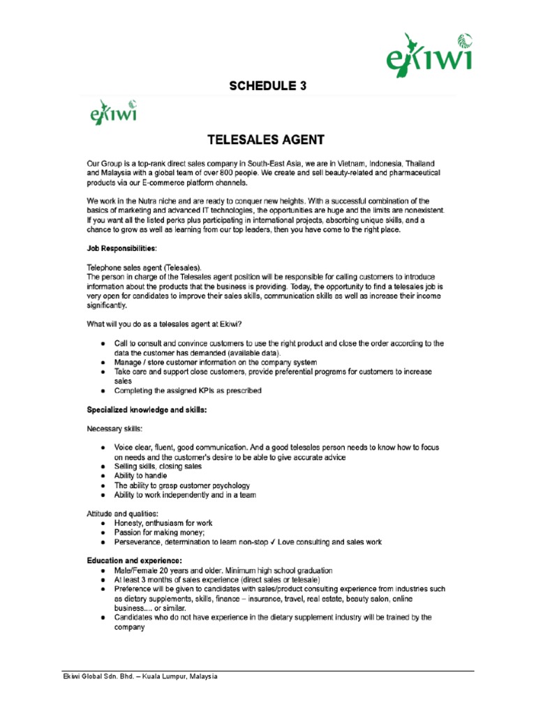 JD - Ekiwi Telesales Agent - Ekiwi MAL | PDF