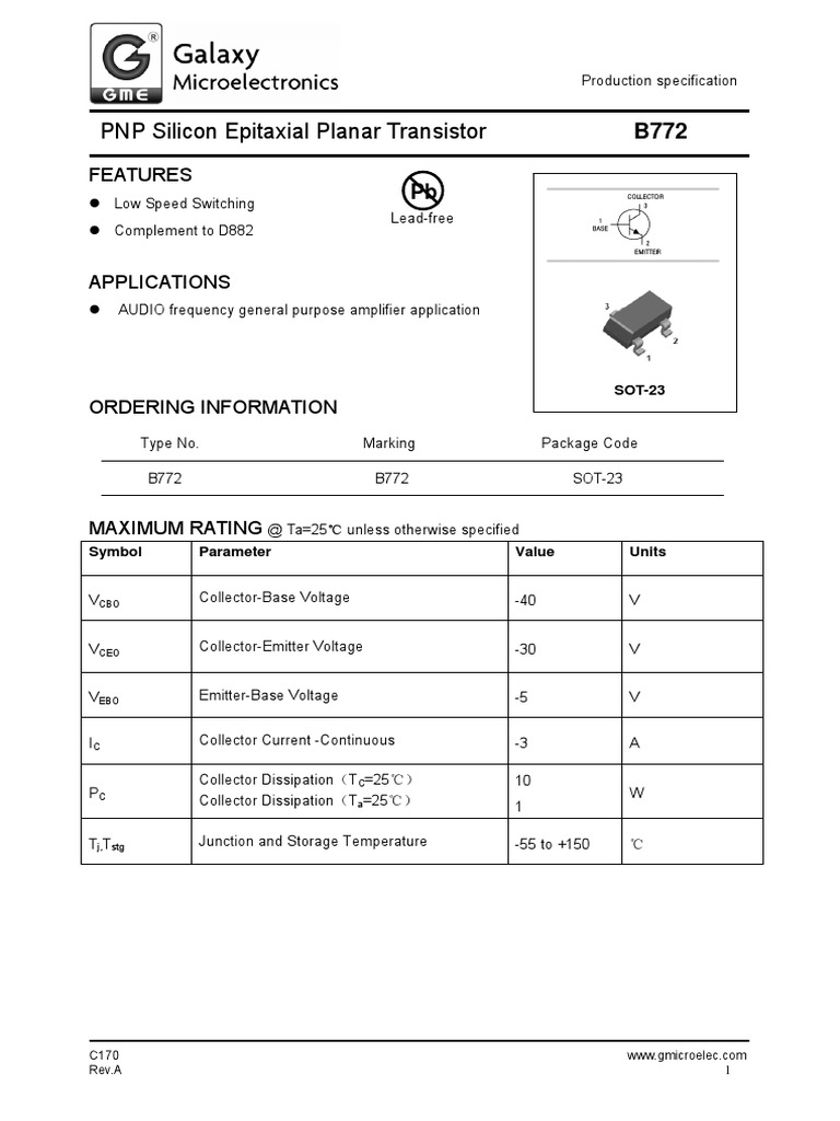 PNP Silicon Epitaxial Planar Transistor B772 | Download Free PDF | Bipolar Junction Transistor ...