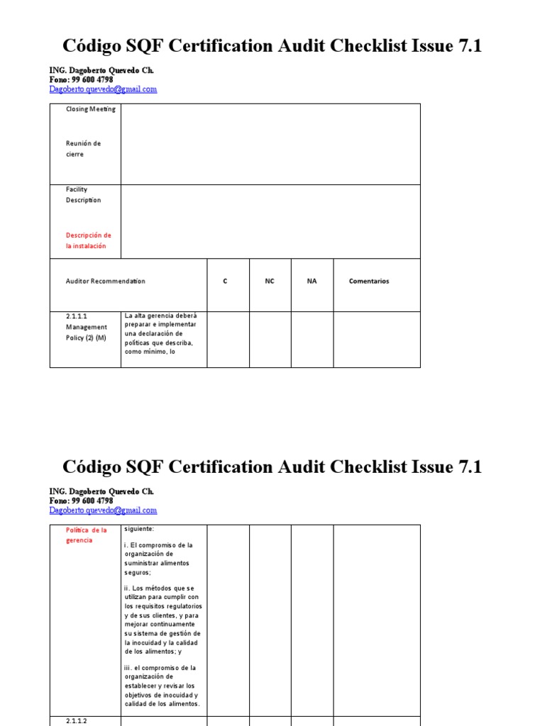 Check List SQF Módulo 2 V7.1 Certification Audit | PDF | Análisis de ...