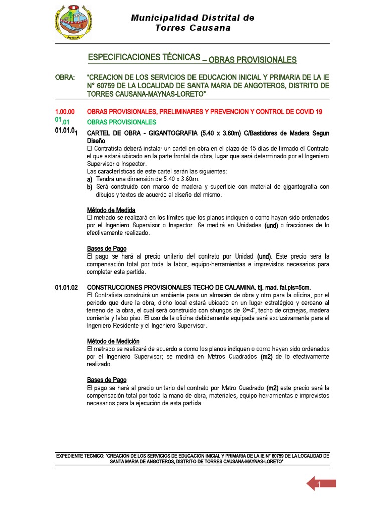 1.00 Especificaciones Tecnicas - Obras Preliminares | PDF