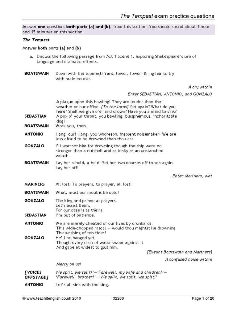 The Tempest Exam Practice Questions: A. Discuss The Following Passage ...