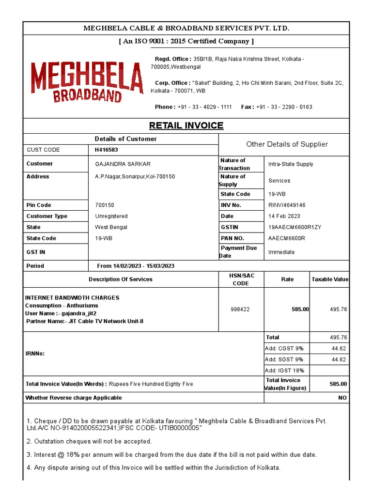Retail Invoice: Meghbela Cable & Broadband Services Pvt. Ltd. (An ISO ...