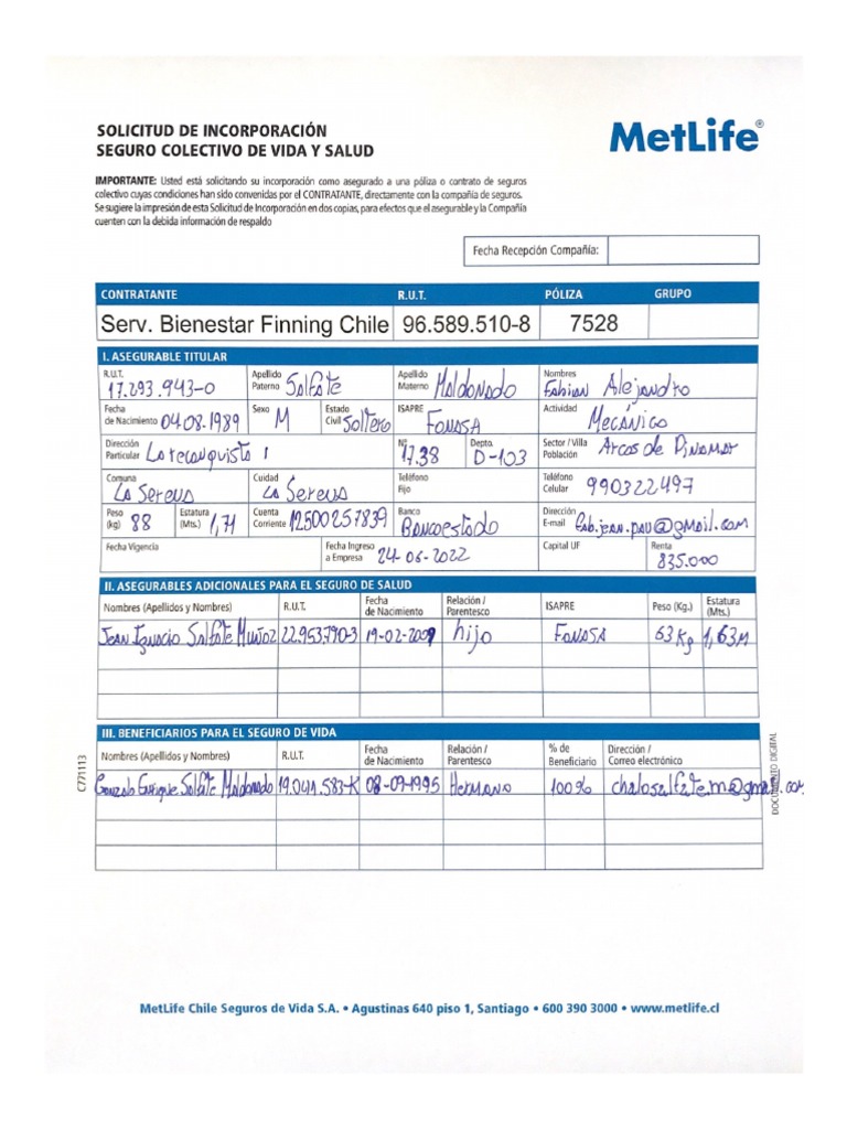 Solicitud incorporación metlife | PDF