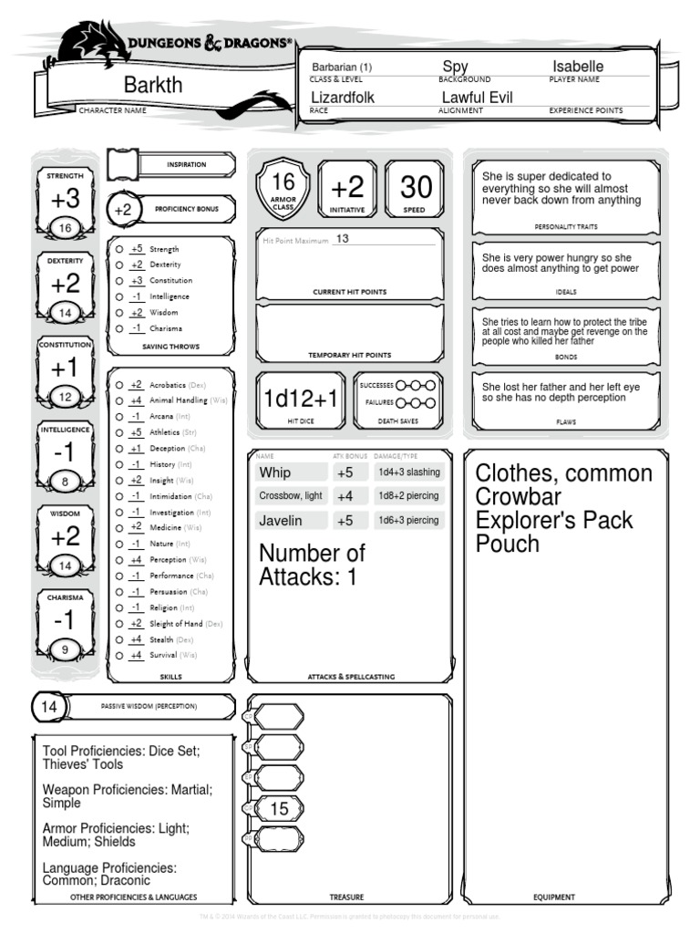 Barkth Character Sheet | PDF