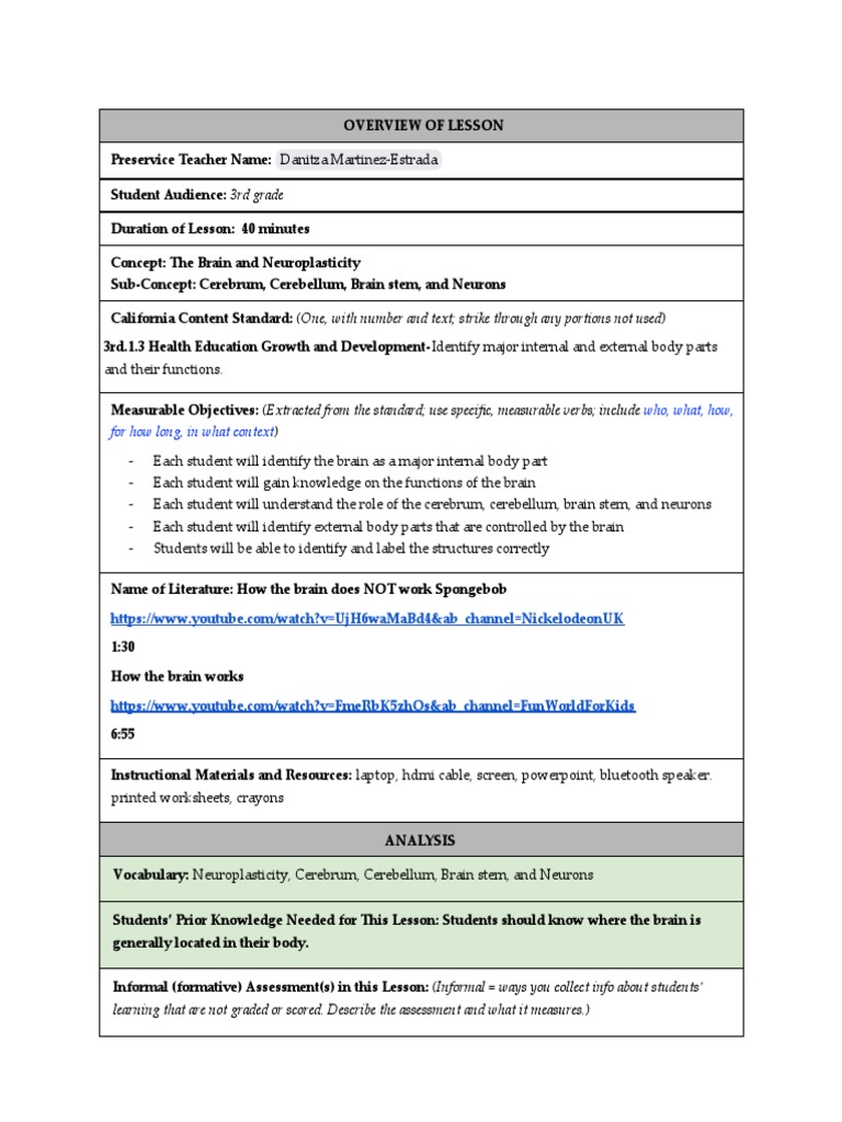 Danitza Lesson Plan | PDF | Brain | Neuroplasticity