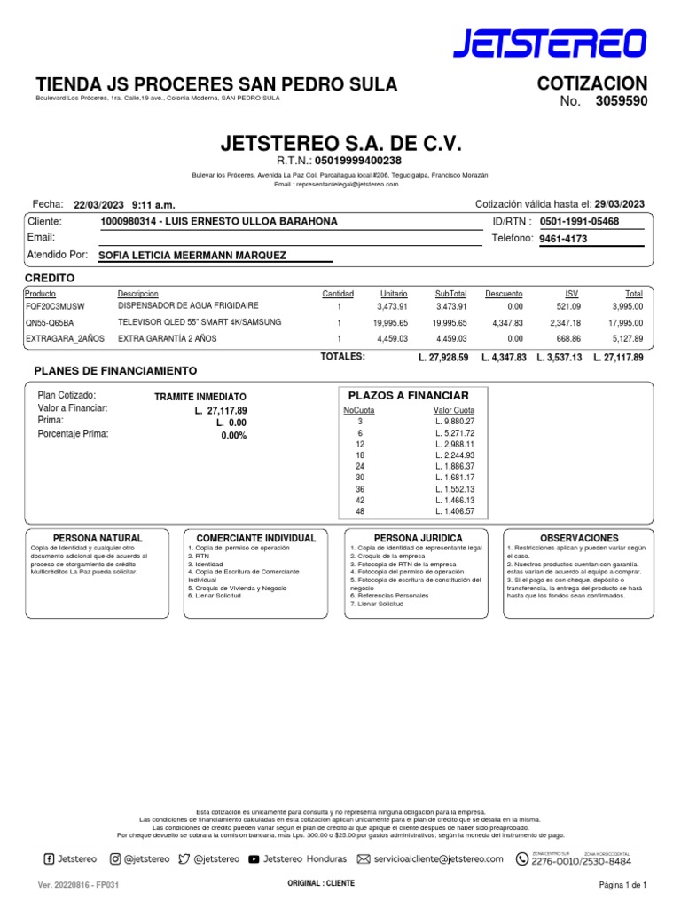 Jetstereo S.A. de C.V.: Tienda Js Proceres San Pedro Sula Cotizacion ...