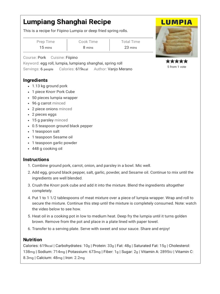 Lumpiang Shanghai Recipe - Panlasang Pinoy | PDF