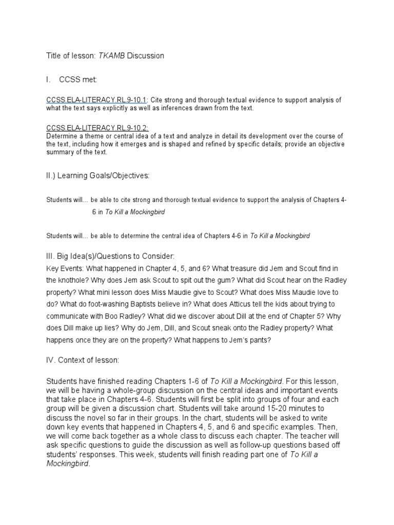 Tkamb Discussion Lesson Plan | PDF | To Kill A Mockingbird | Teaching