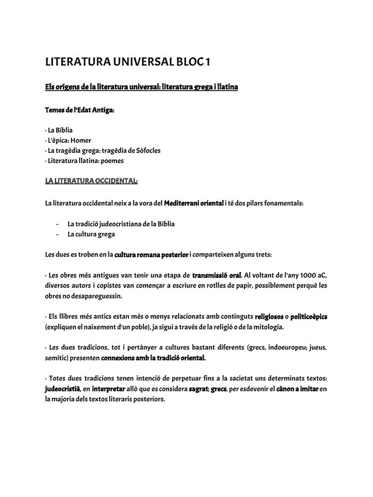 Apunts Literatura Universal IOC (1r Batx) | PDF