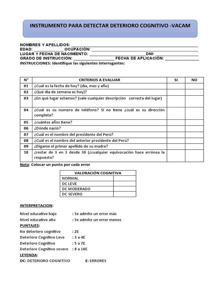 Instrumento para Detectar Deterioro Cognitivo - Vacam | PDF