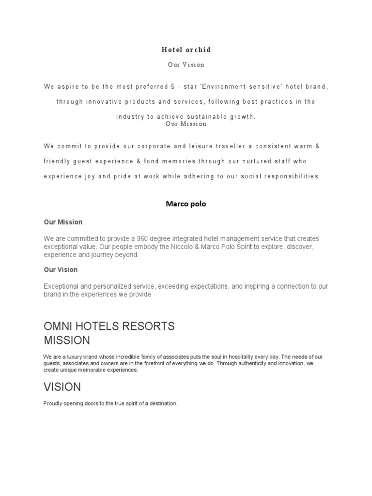 Hotel vision and mission | PDF