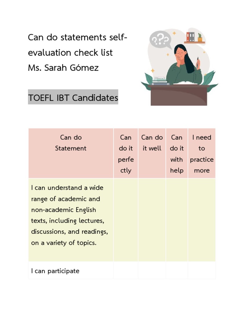 TOEFL Self-Evaluation Checklist | PDF