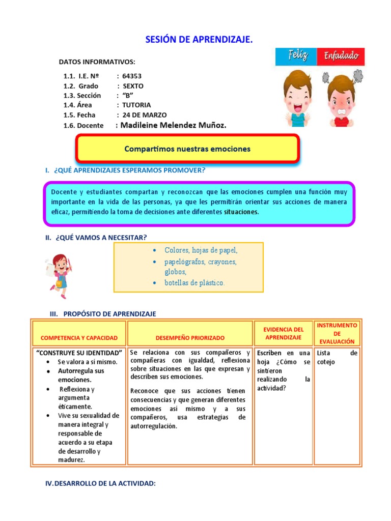 A1 Sesion Tut Compartimos Nuestras Emociones Pdf Las Emociones Ira