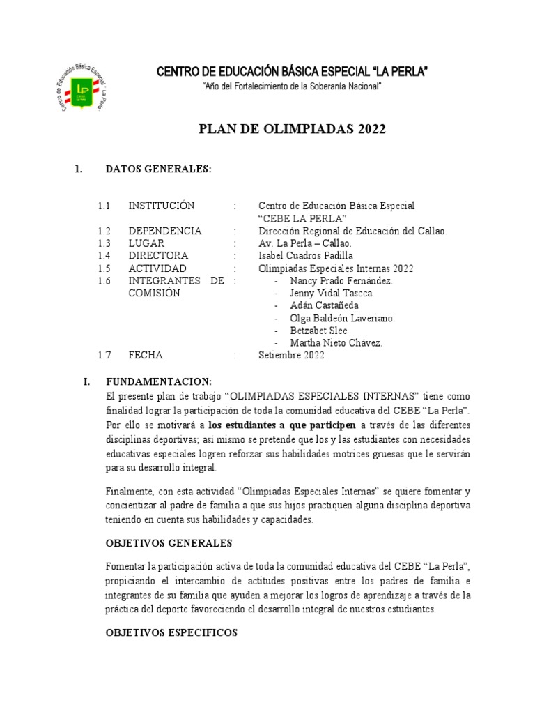 PLAN DE OLIMPIADAS CEBE LA PERLA 2022. Jenny | PDF